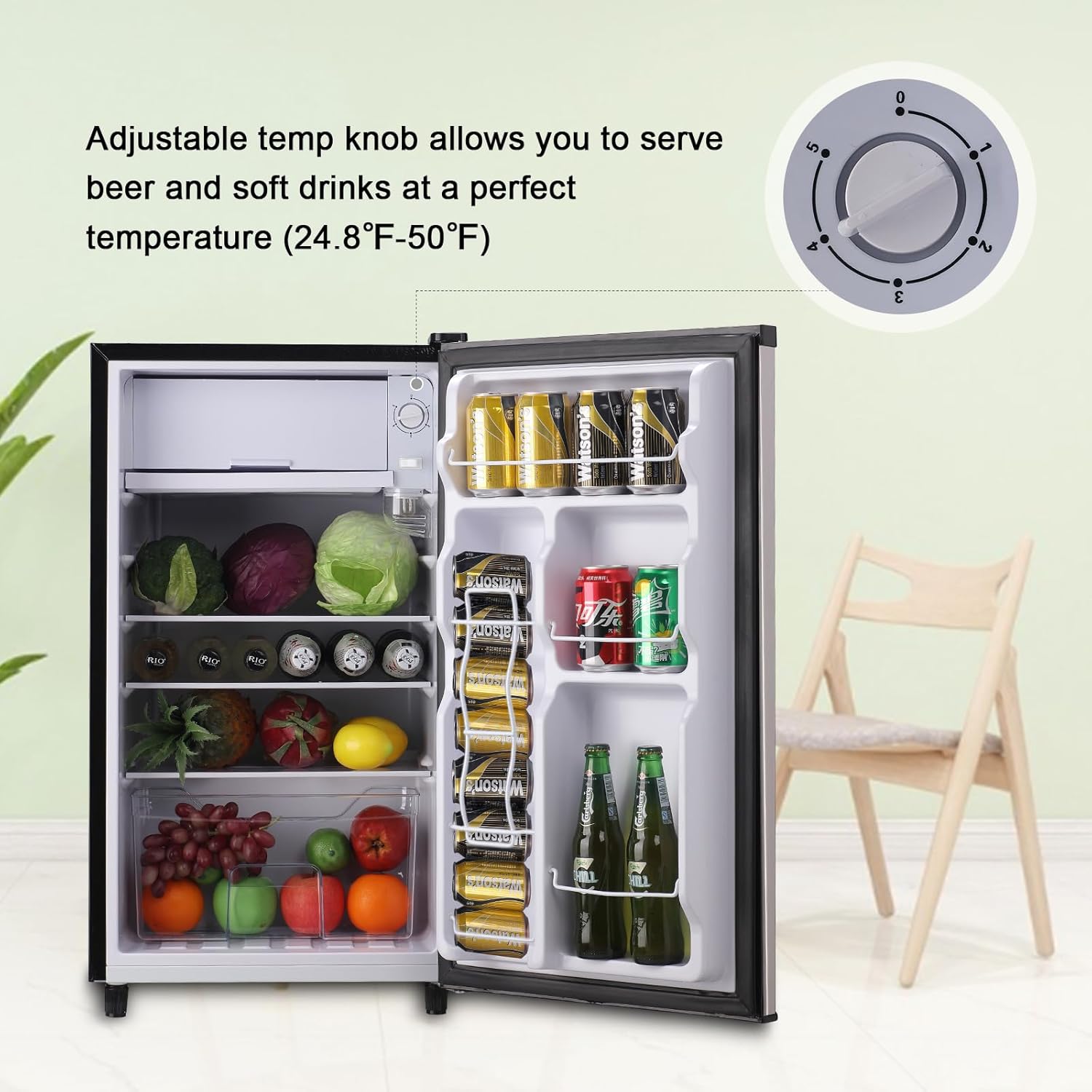 WANAI Mini refrigerador compacto de 3.2 pies cúbicos de una sola puerta con control ajustable de ...