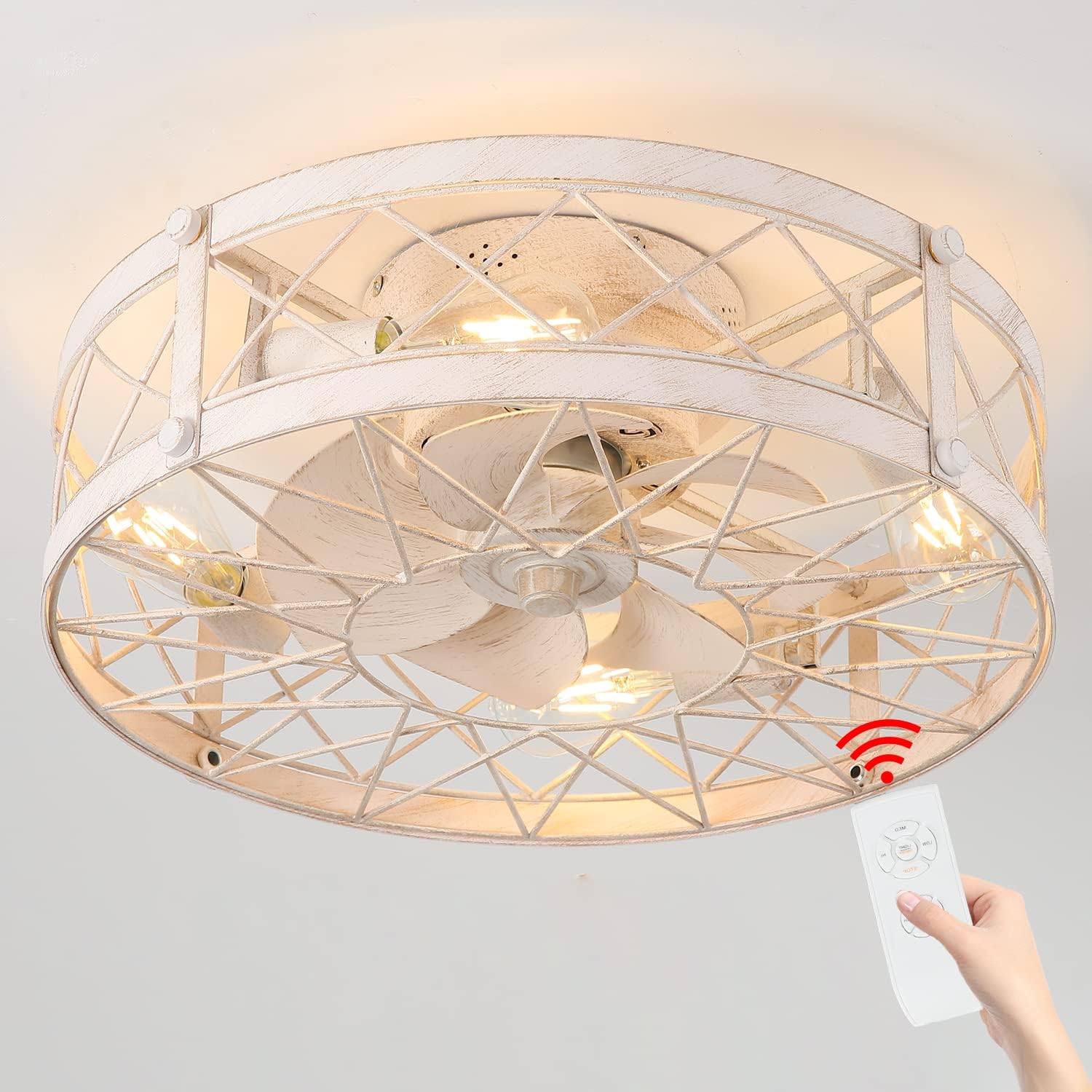 COCOSTAR Caged Ceiling Fan with Light Flush Mount, White Caged Ceiling ...