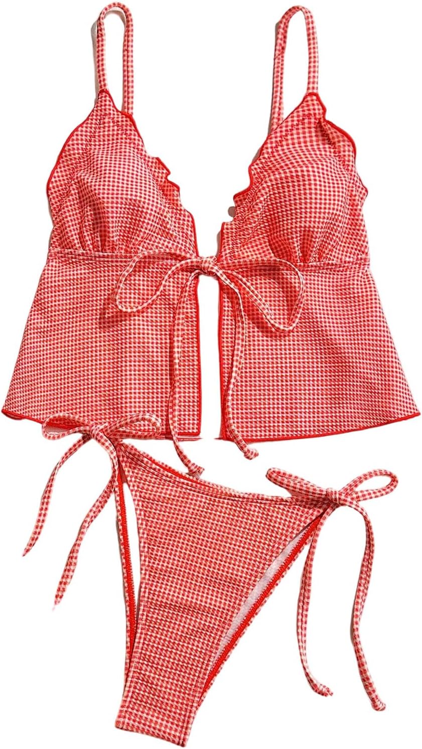 Amazon.com: GORGLITTER Women's Gingham Tankini Set Bow String High Cut ...