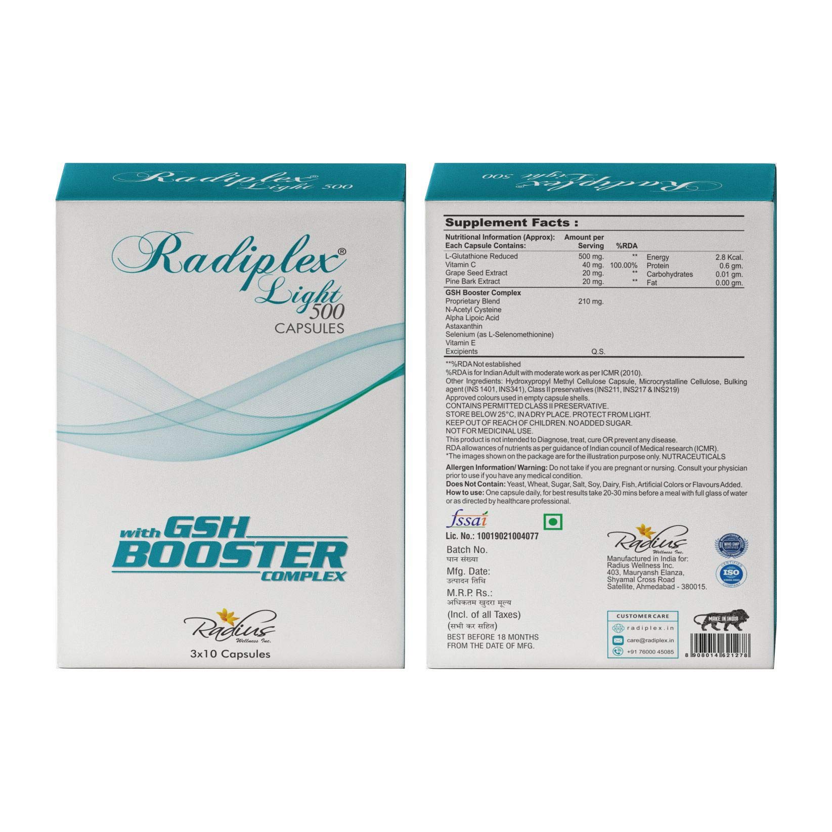 Radiplex Light Glutathione 500mg (Reduced Form) Capsules | With Vitamin ...