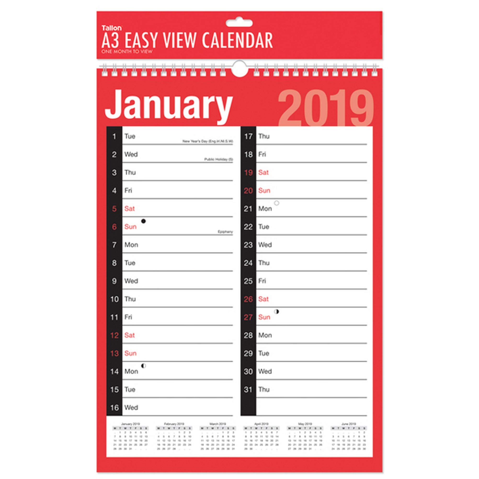 (Tallon 3806) 2018 A3 2 Column Easy View 1 Month To View Calendar ...