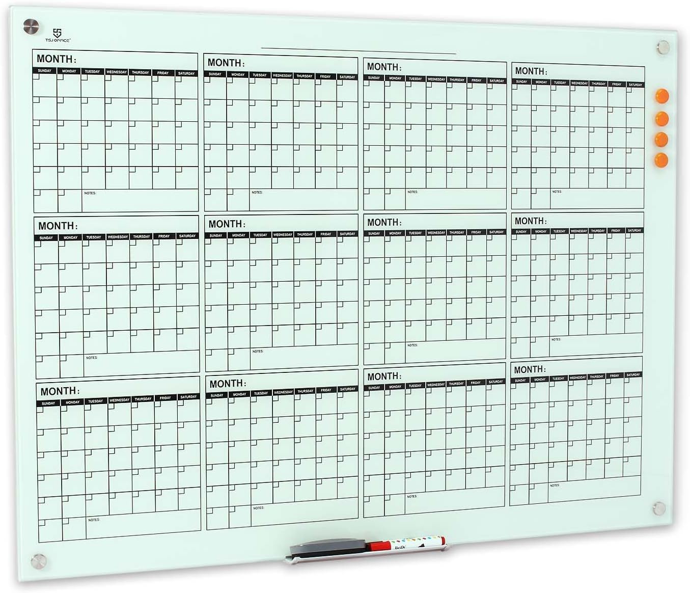 Amazon.com : TSJ OFFICE Glass Calendar Whiteboard - 48 x 36 Inches Wall Mounted Dry Erase Yearly ...