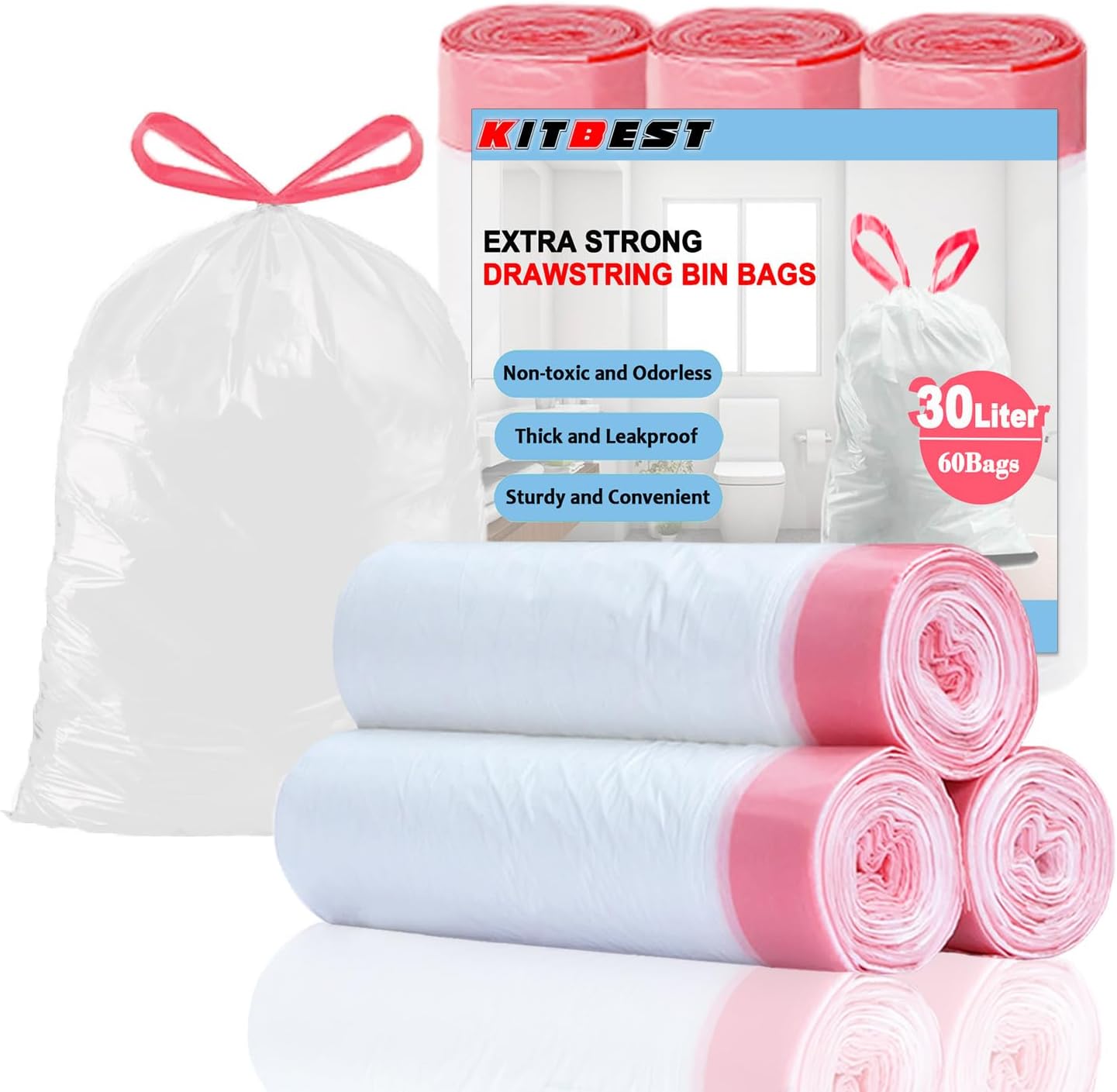 30 Liter Bin Liners 60 Bags, KITBEST Drawstring Bin Bags with Tie ...