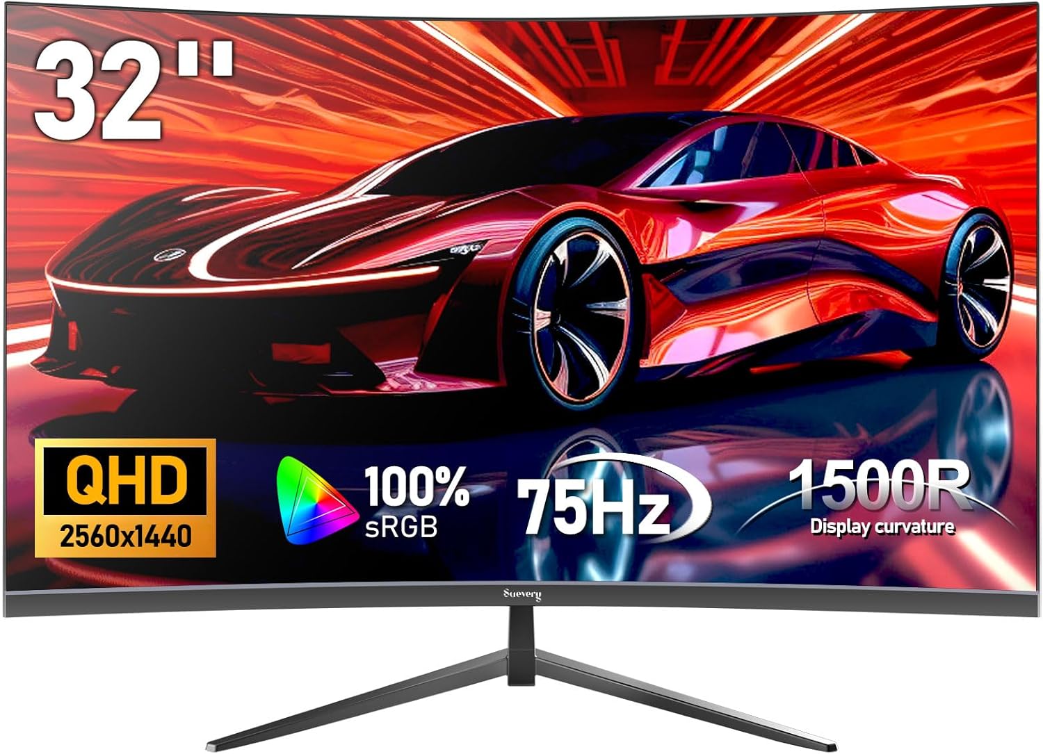 suevery 32 Pulgadas Monitor QHD 75Hz Curvo 1500R Gamer Monitors 2K ...