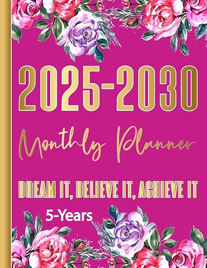 Monthly Planner 2025-2030 - Pink cover: Five year 25-30 calendar large ...