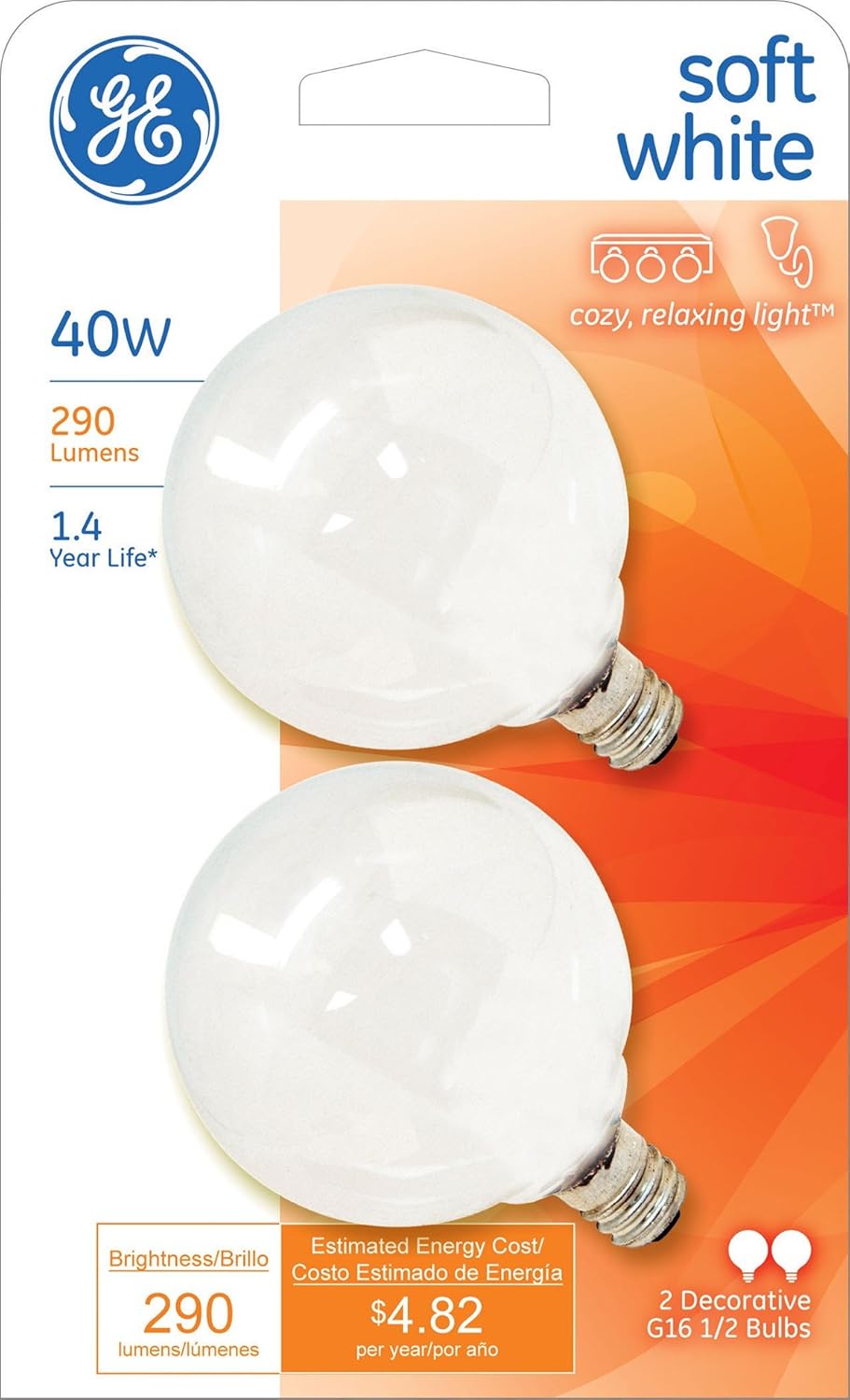 GE Lighting 44414 40 Watt White Vanity Globe Light Bulbs 2 Count ...