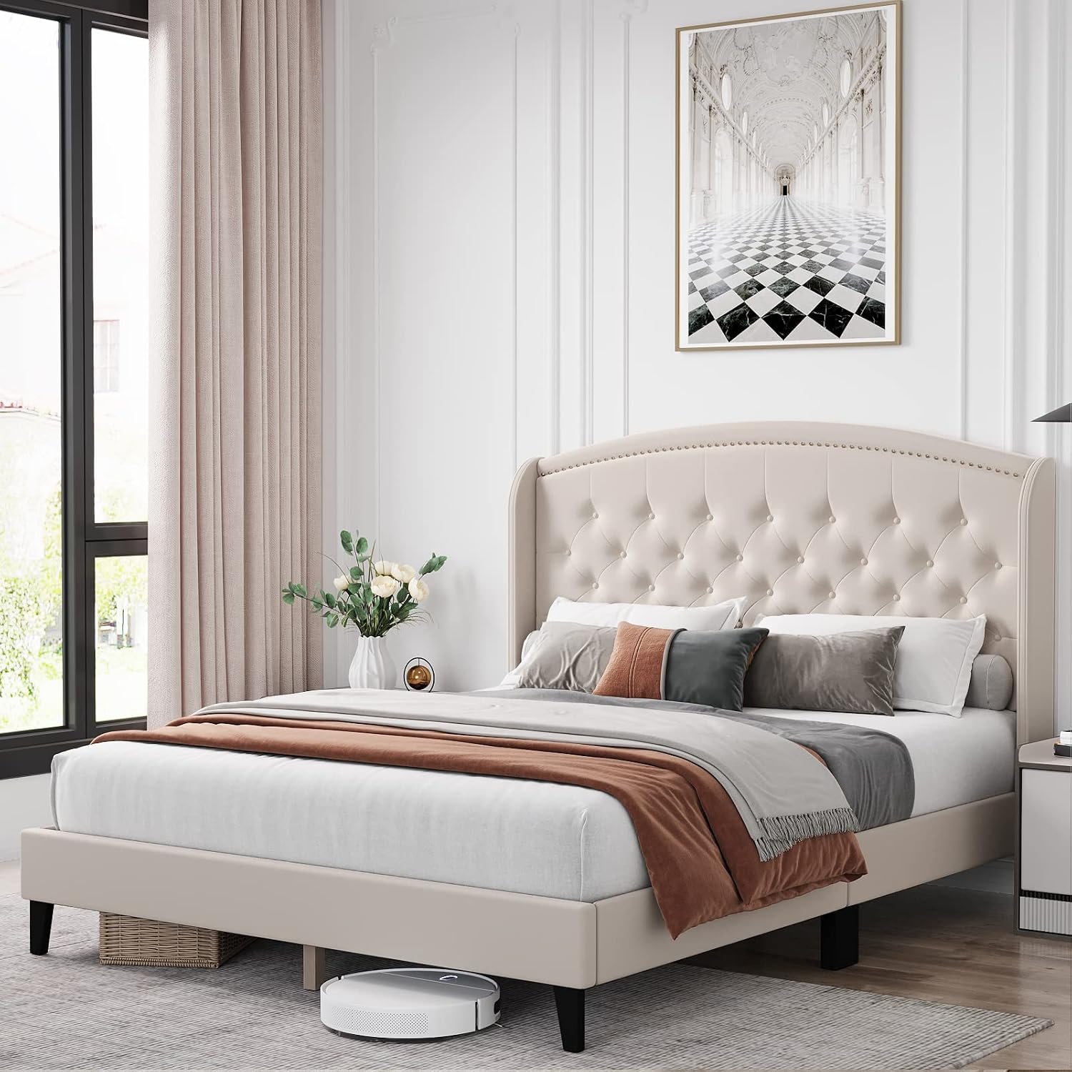 Amazon.com: Assile King Bed Frame with Upholstered Headboard, Wingback ...