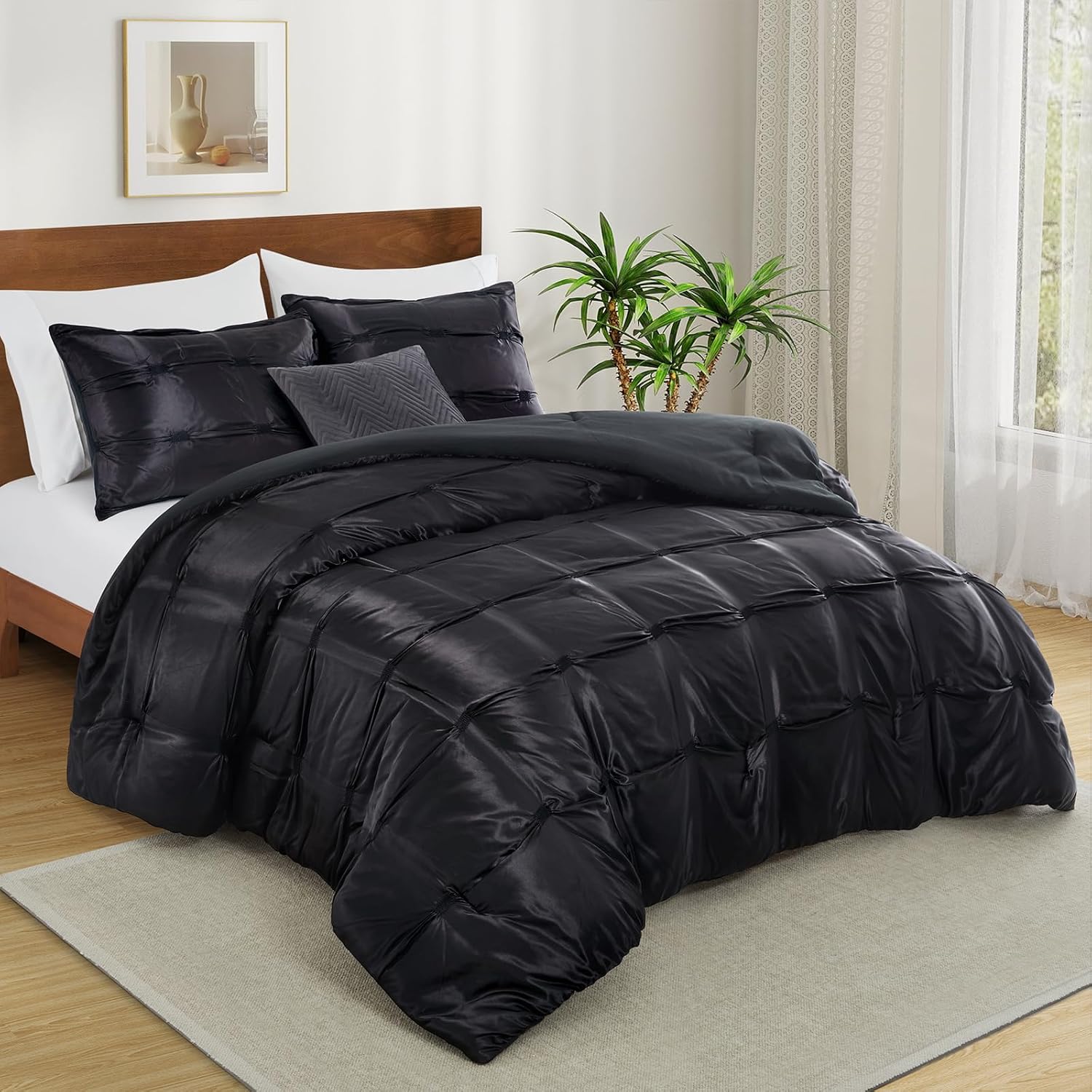 Amazon.com: Lanest Housing Full/Queen Size Satin Comforter Set Black, 3 ...
