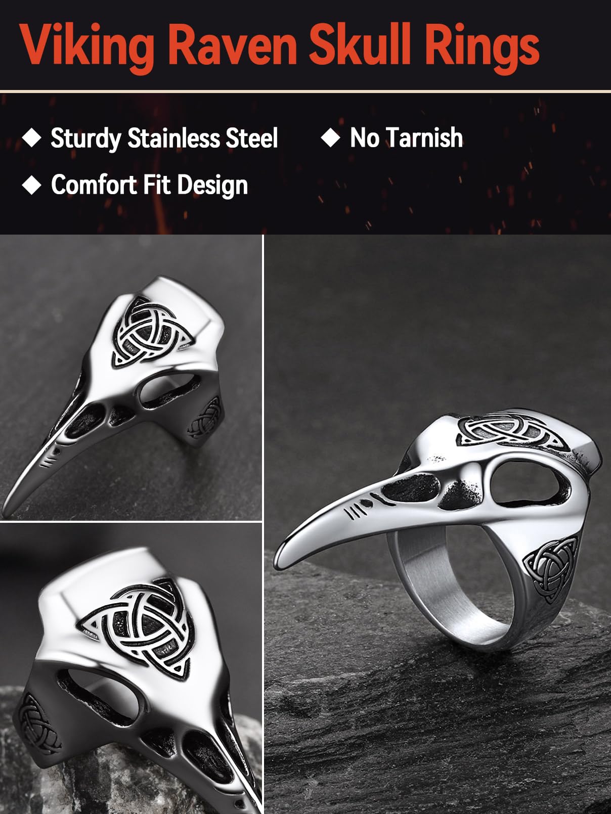 Snapklik.com : Norse Viking Raven Skull Rings For Men Stainless Steel ...