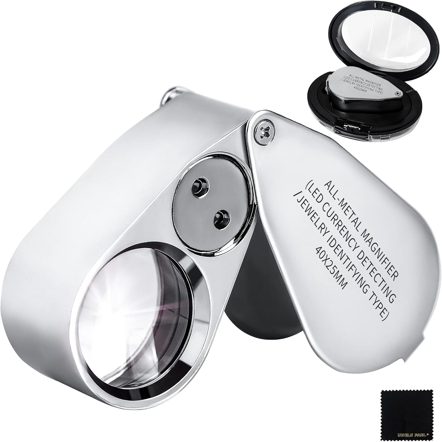 40X Metal Pocket Magnifier with Lights - Slivery Foldable LED ...