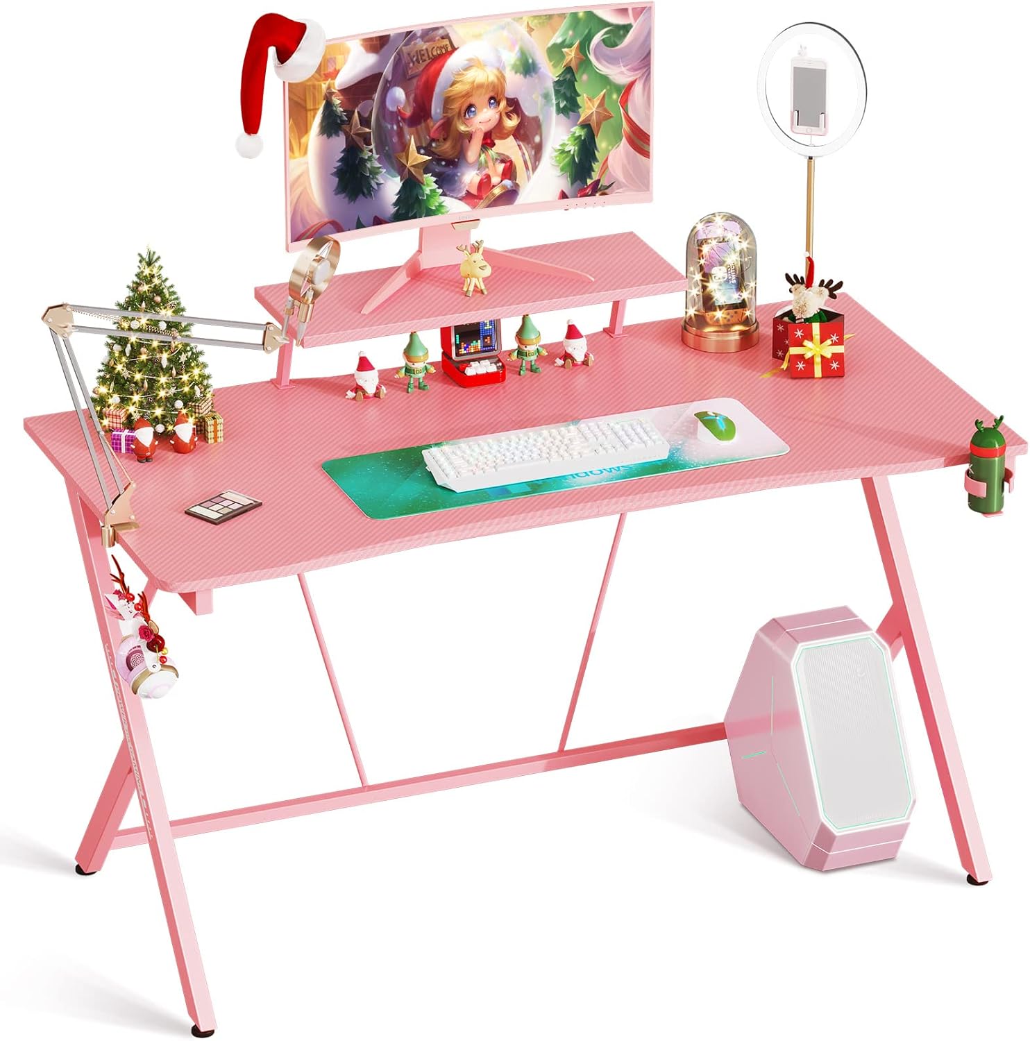 Amazon.com: MOTPK Pink Gaming Desk 55" with Monitor Shelf Computer Desk ...