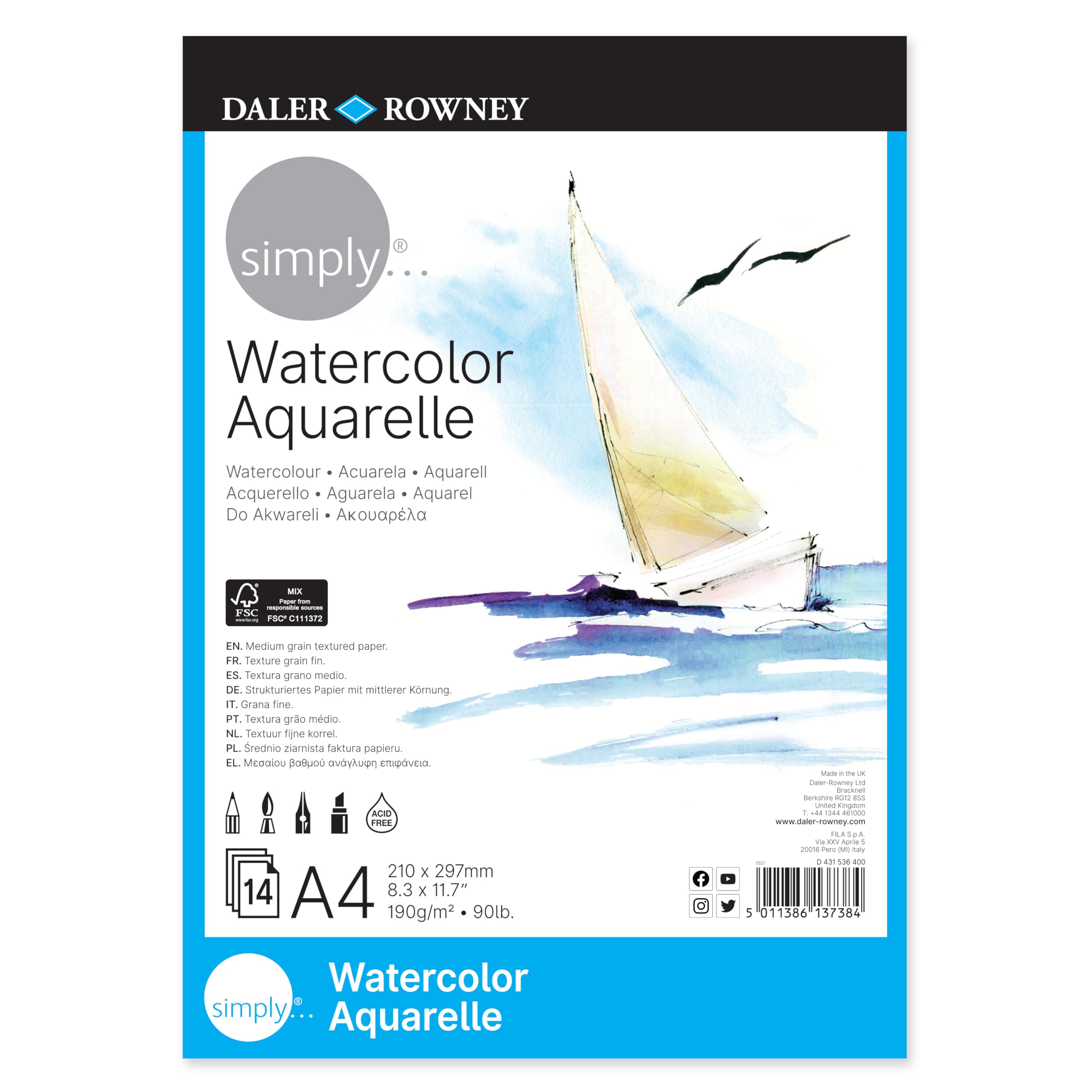 Daler-Rowney Simply Watercolour Paper Pad, A4, 190gsm, 14 Sheets, Ideal ...
