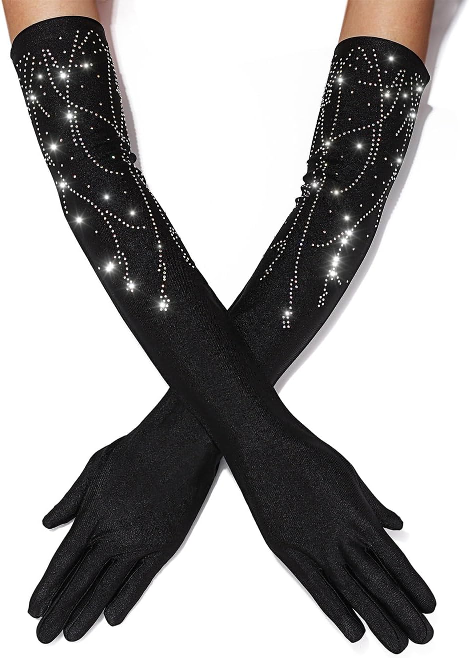 Amazon.com: GEMILY Black Opera Gloves Long Rhinestone Gloves Glitter ...