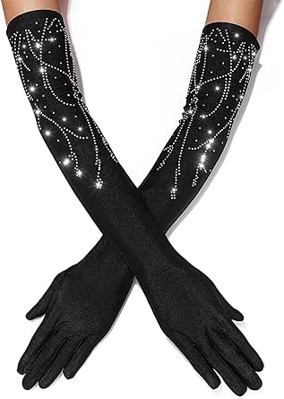 Amazon.com: Yikisdy Glitter Rhinestone Long Finger Gloves Black Opera ...