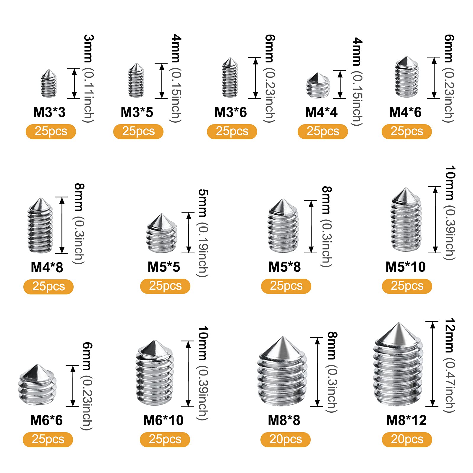 315Pcs Grub Screw M3 M4 M5 M6 M8, Cone Point Socket Allen Key Grub ...