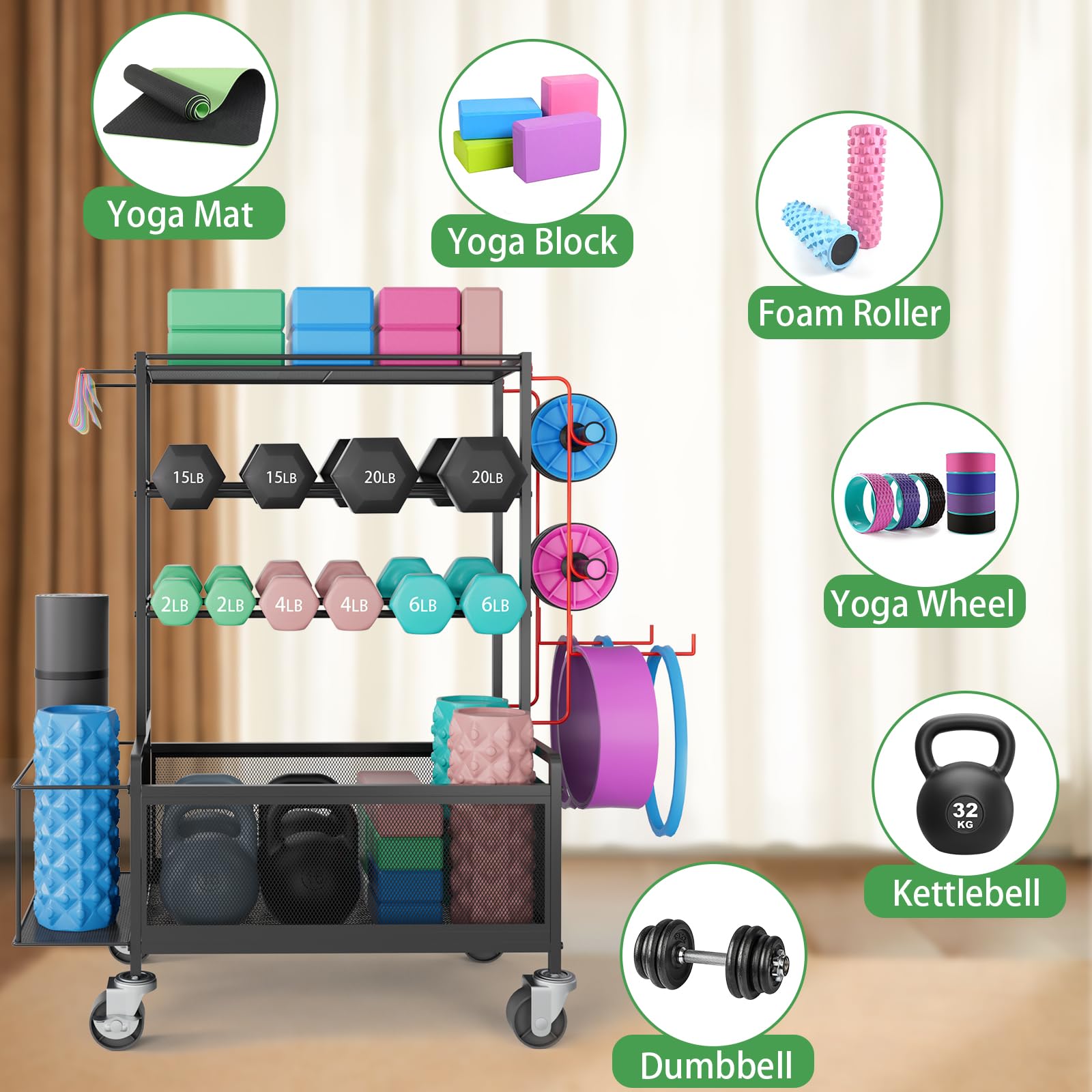 Dumbbell Rack Home Gym Rolling Storage Rack Foam Roller Yoga Mat ...