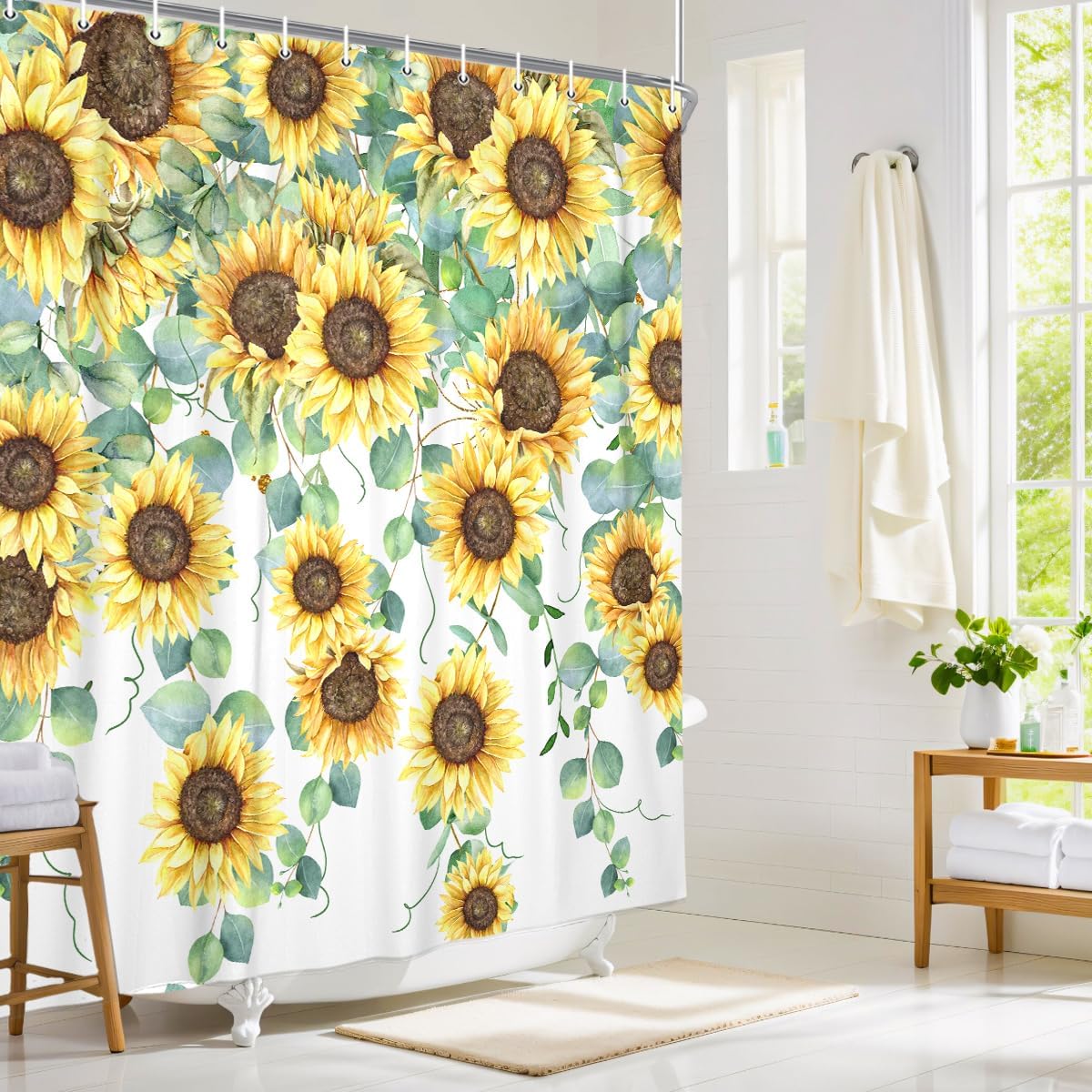 Amazon.com: Dongbei Sunflowers and Eucalyptus Garland Shower Curtain ...