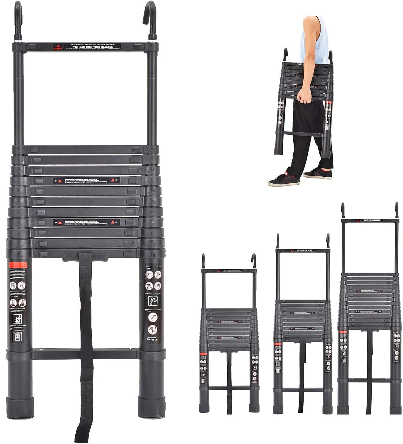 6.2M / 20.34FT Telescopic Extension Ladder with Detachable Hooks ...