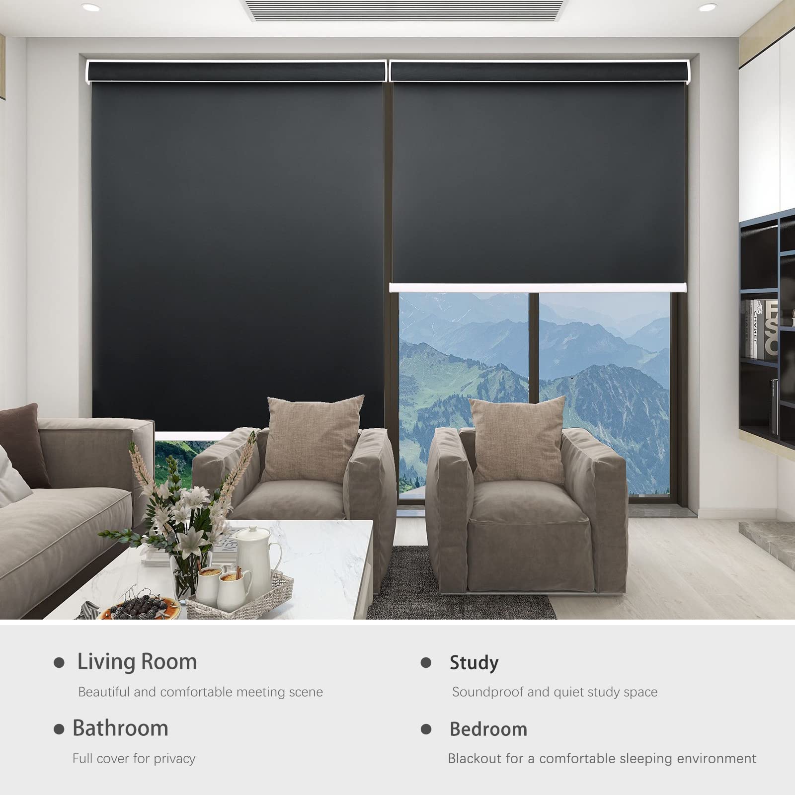 Changshade Blackout Roller Shade with Cassette Valance, Room Darkening Shades Cordless, Roller ...