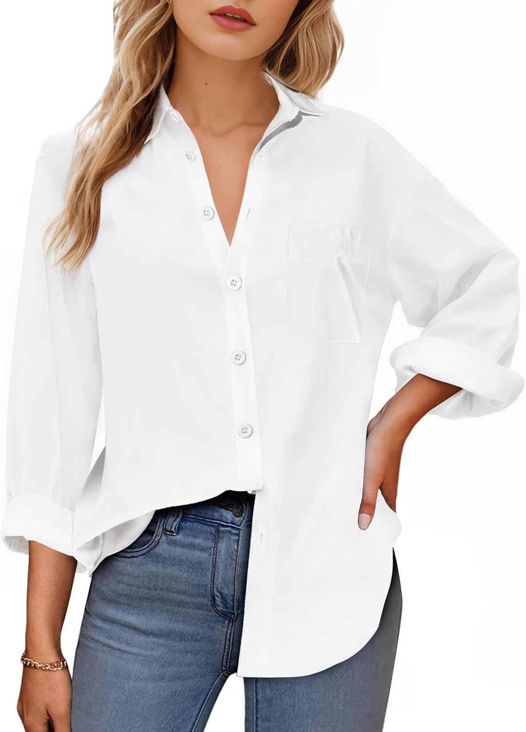 Womens Button Down Shirt, Long Sleeve Loose Fit Cotton Blouses for ...