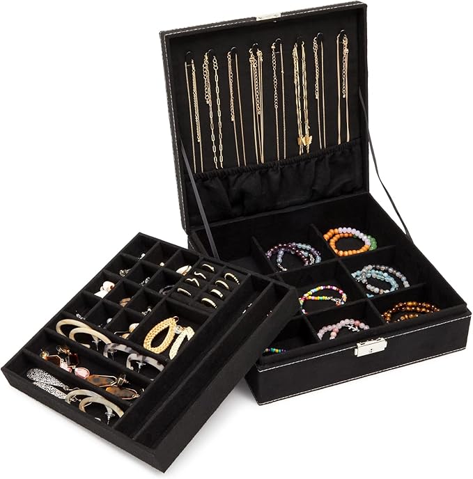 Amazon.com: Black Jewelry Box with Lock and Key, 2 Layer Travel Display ...