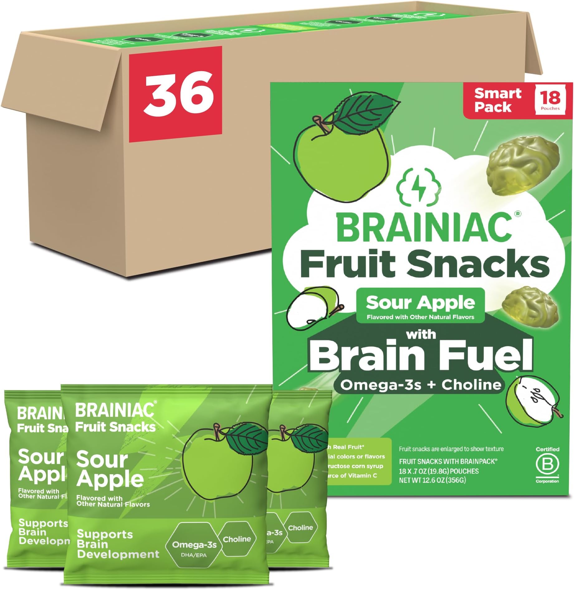 Amazon.com: Brainiac Fruit Snacks, Sour Apple, Brain Boosting Patented ...