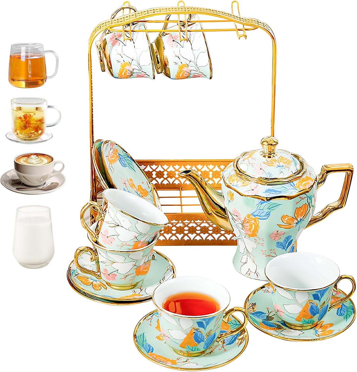 Amazon.com | 14 Pcs Porcelain Tea Set with Metal Holder,European ...