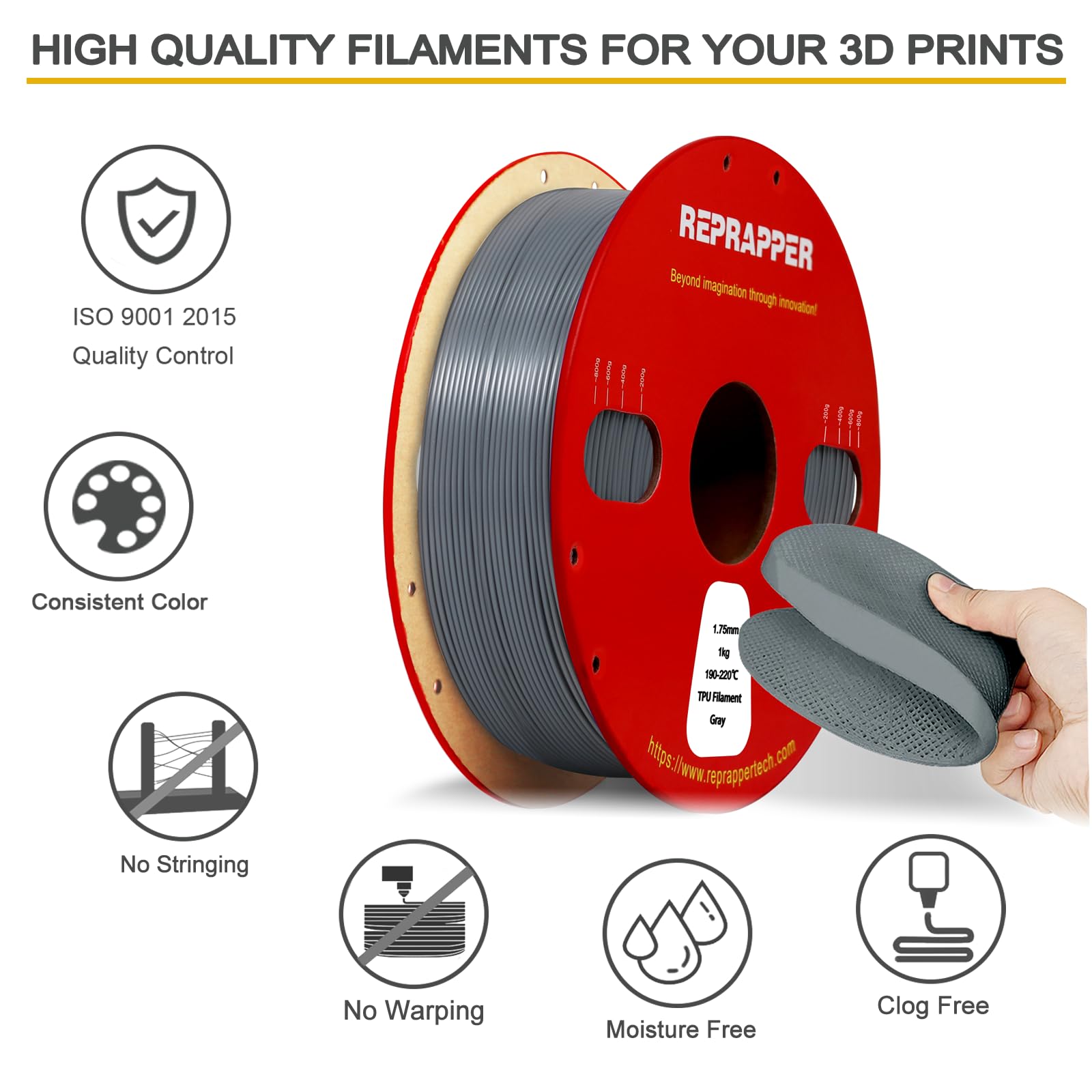 Snapklik.com : Reprapper Grey TPU Filament, 95A Shore Hardness 1kg TPU ...