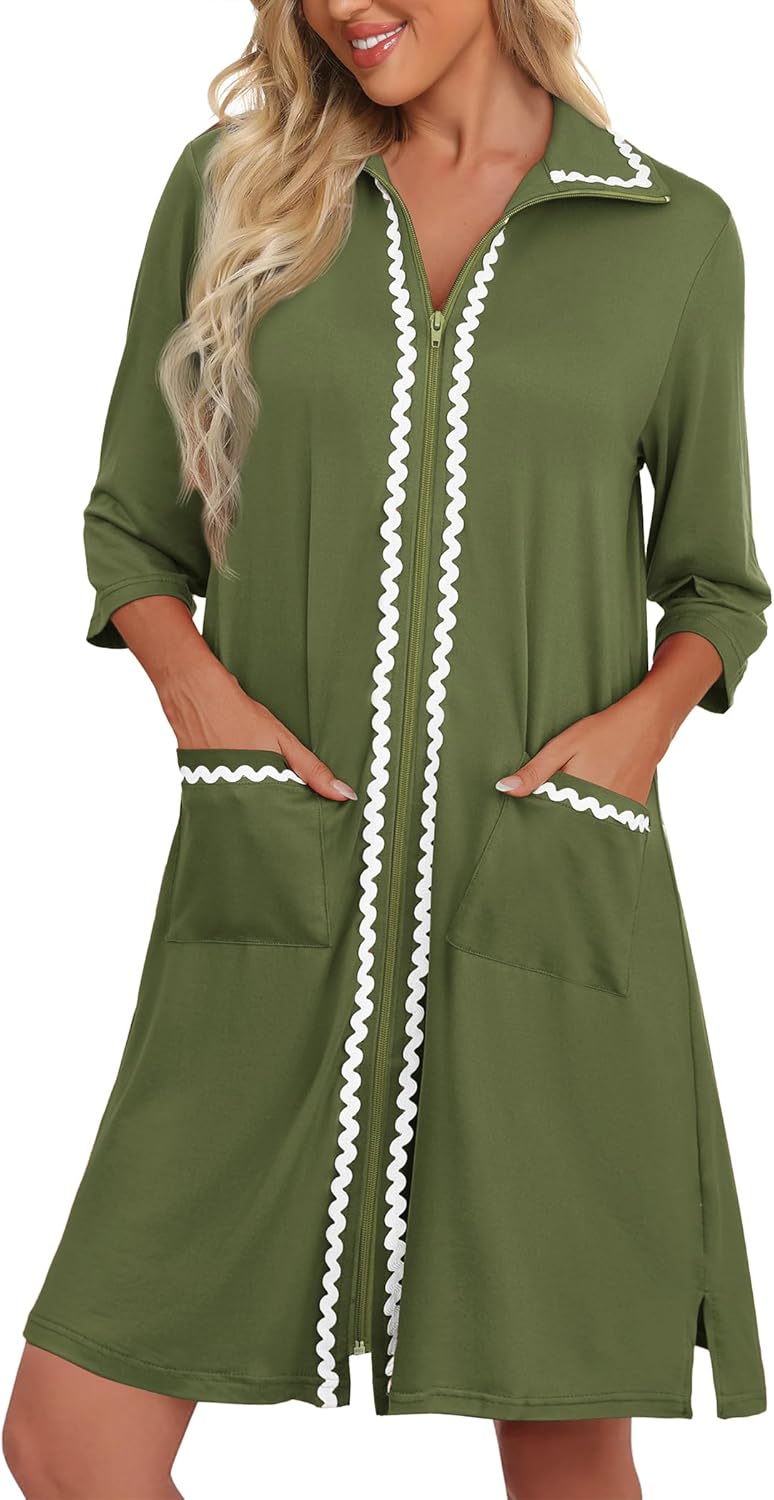 Ekouaer Women Zipper Robe Lightweight House Coat Zipper Front Short ...