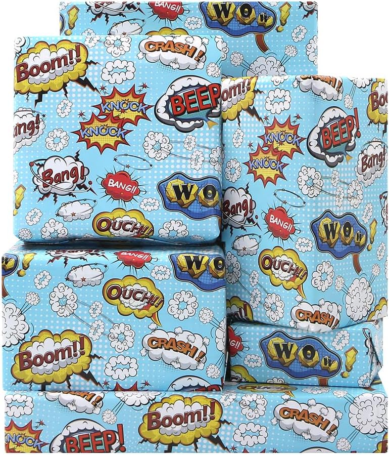 Amazon.com: Blue Comic Book Wrapping Paper for Boys Girls Kids, BOOM ...