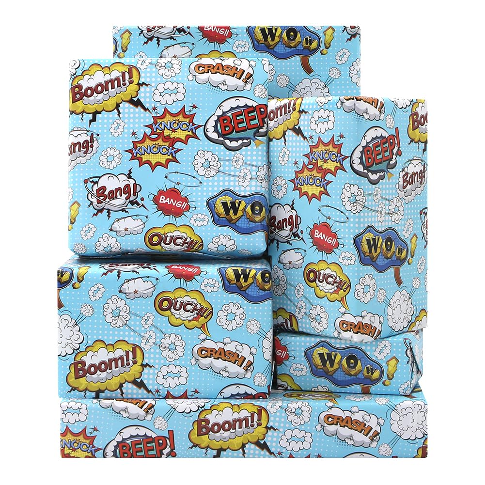 Amazon.com: Blue Comic Book Wrapping Paper for Boys Girls Kids, BOOM ...