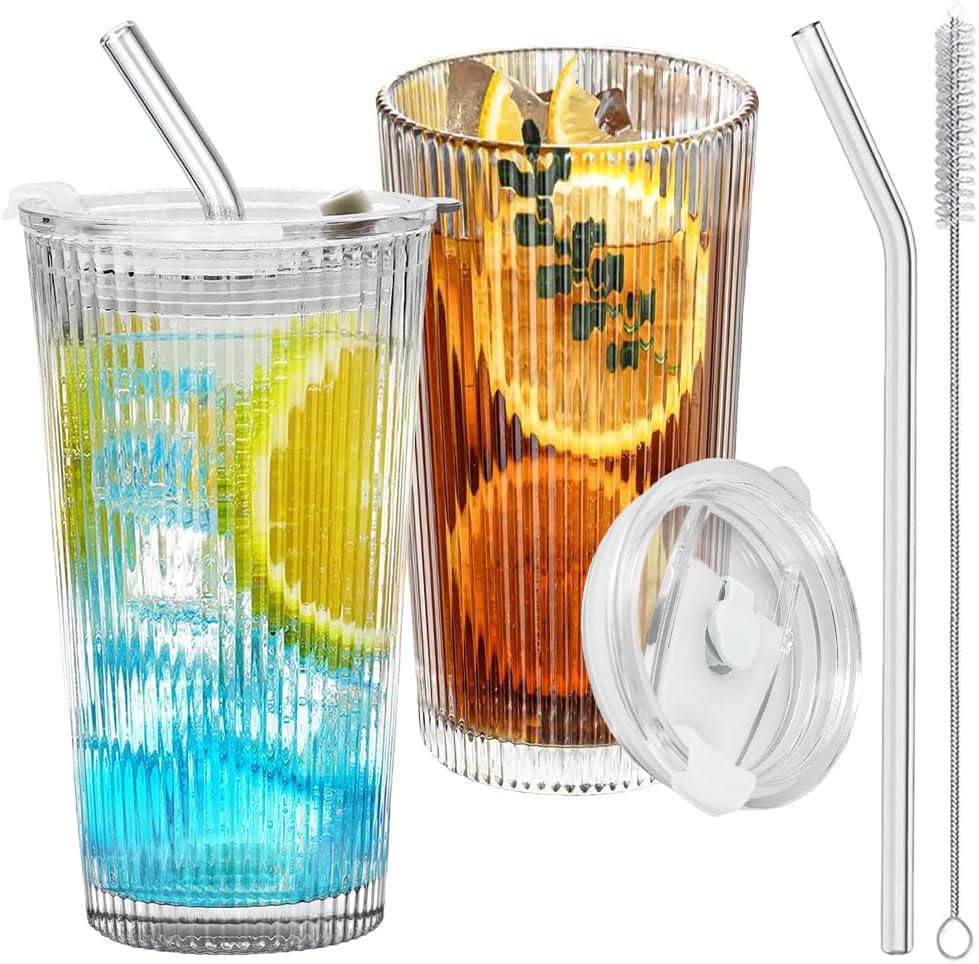 Glass Cup,ZRAIUPUSA 2pcs Set-375ml Drinking Glasses Plastic Lids with ...