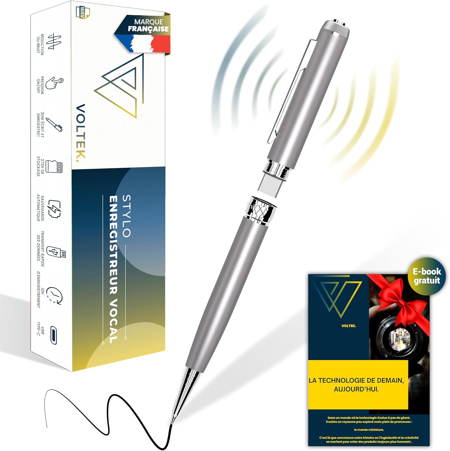 VOLTEK Stylo enregistreur audio micro espion - 64Go – USB 3.0 Type C ...