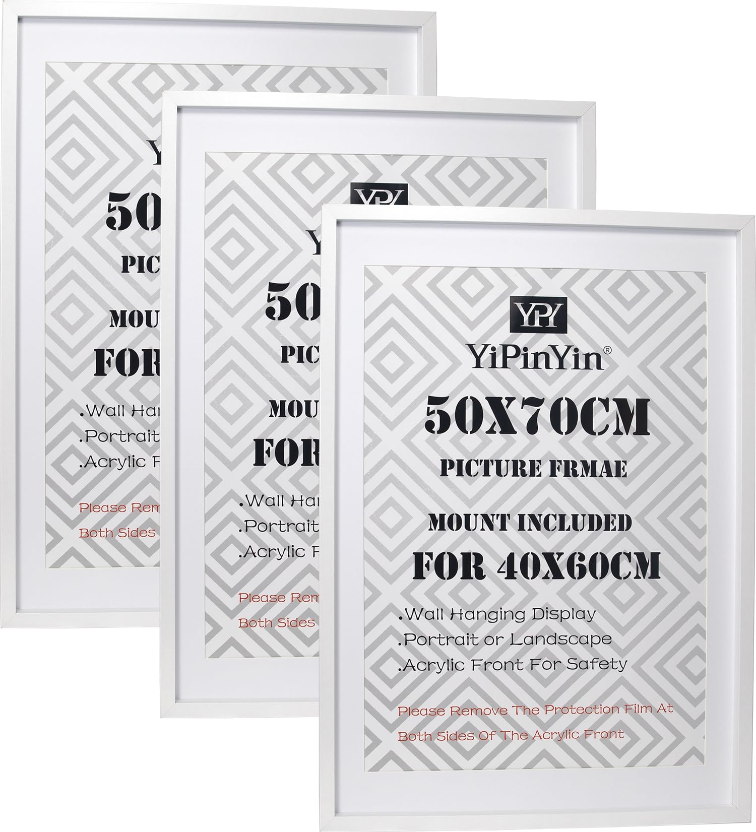 White 50x70cm Picture Frames Set of 3 with Mounts for 40x60cm, 50x70cm ...