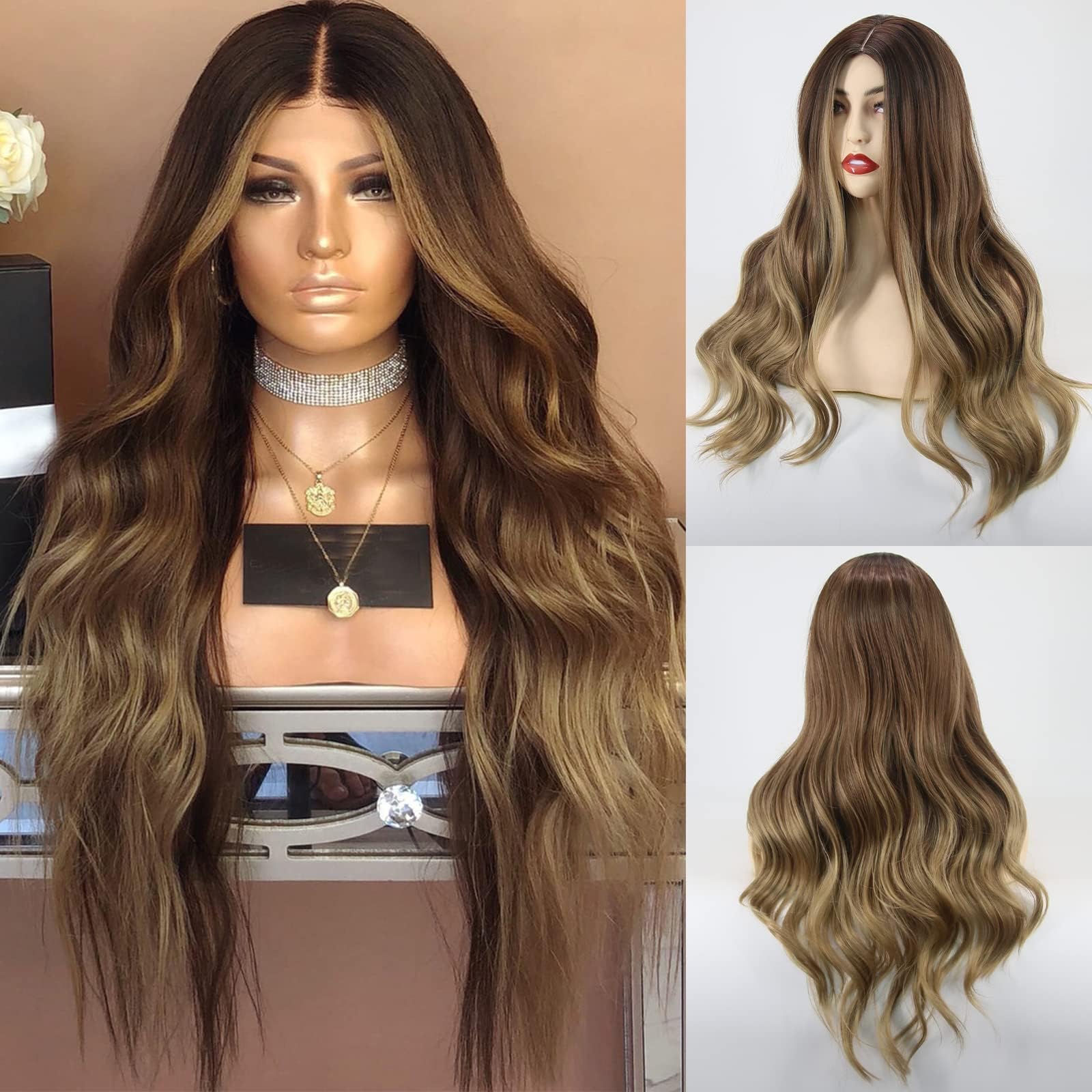 Amazon.com : Towarm Long Wavy Ombre Dark Blonde Wig Middle Part ...