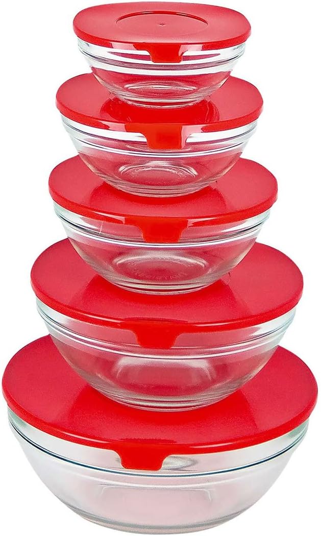 5 Piece Glass Bowl Set Food Box Storage Stacking Containers with Red ...