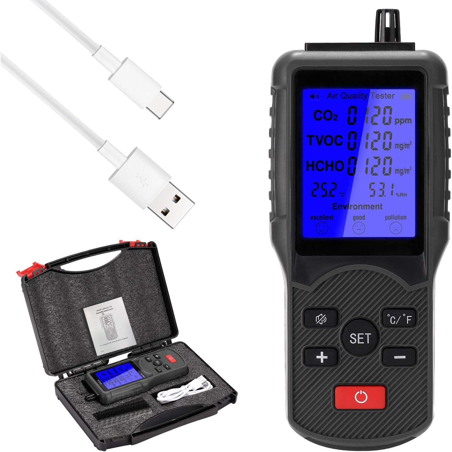 Air Quality Monitor, Accurate Tester for CO2 Formaldehyde Detector ...