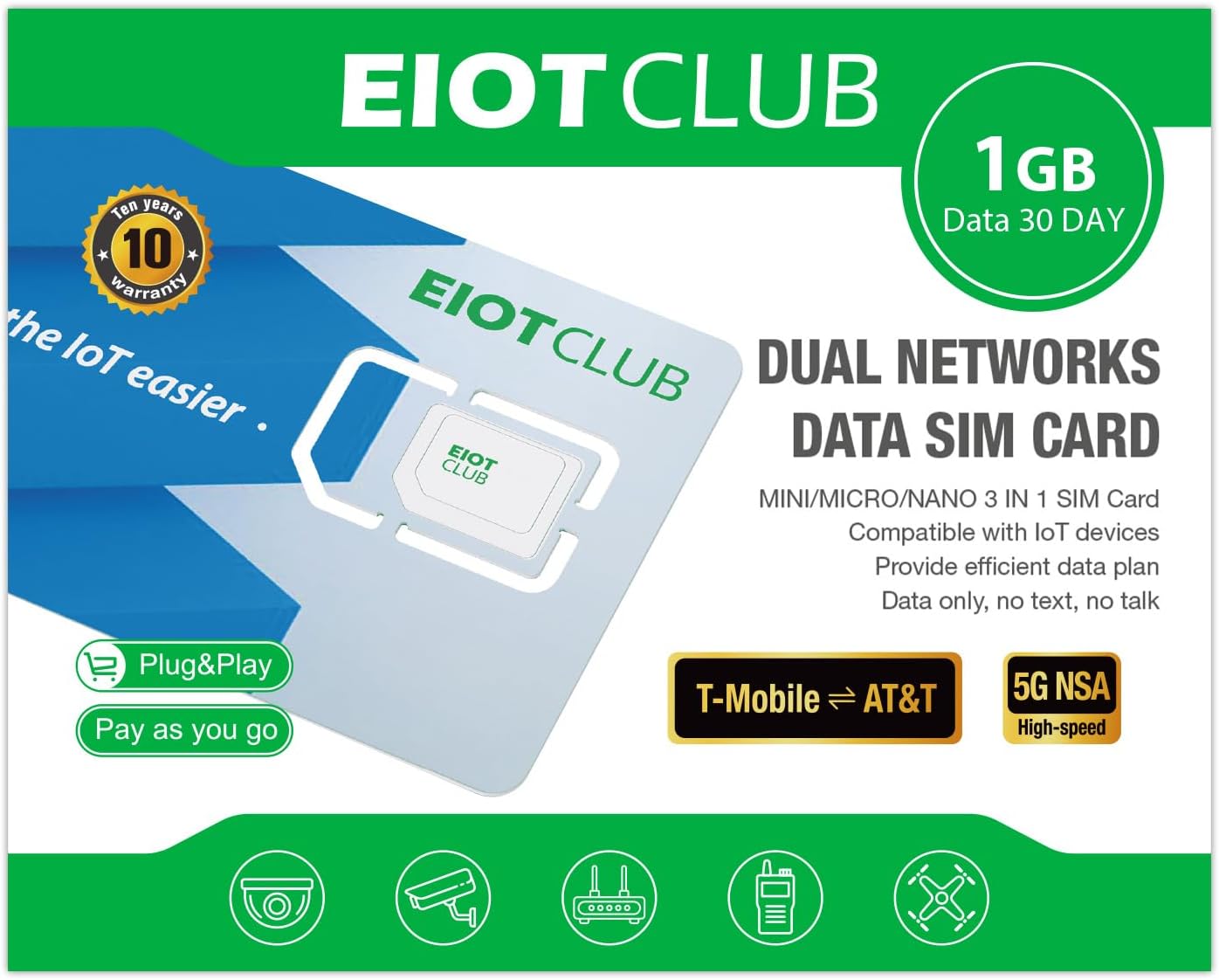 Amazon.com: EIOTCLUB Prepaid SIM Card 1GB/30Day, 5G/4G SIM Card, Support for AT&T and T-Mobile ...
