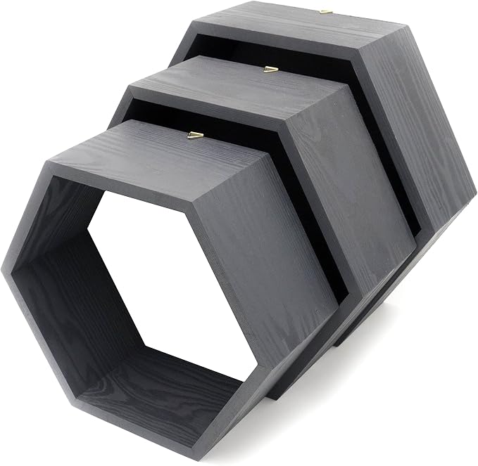 Black Hexagonal Wooden Shelves - Hexagonal Shelves - Set of 3 Hexagons ...