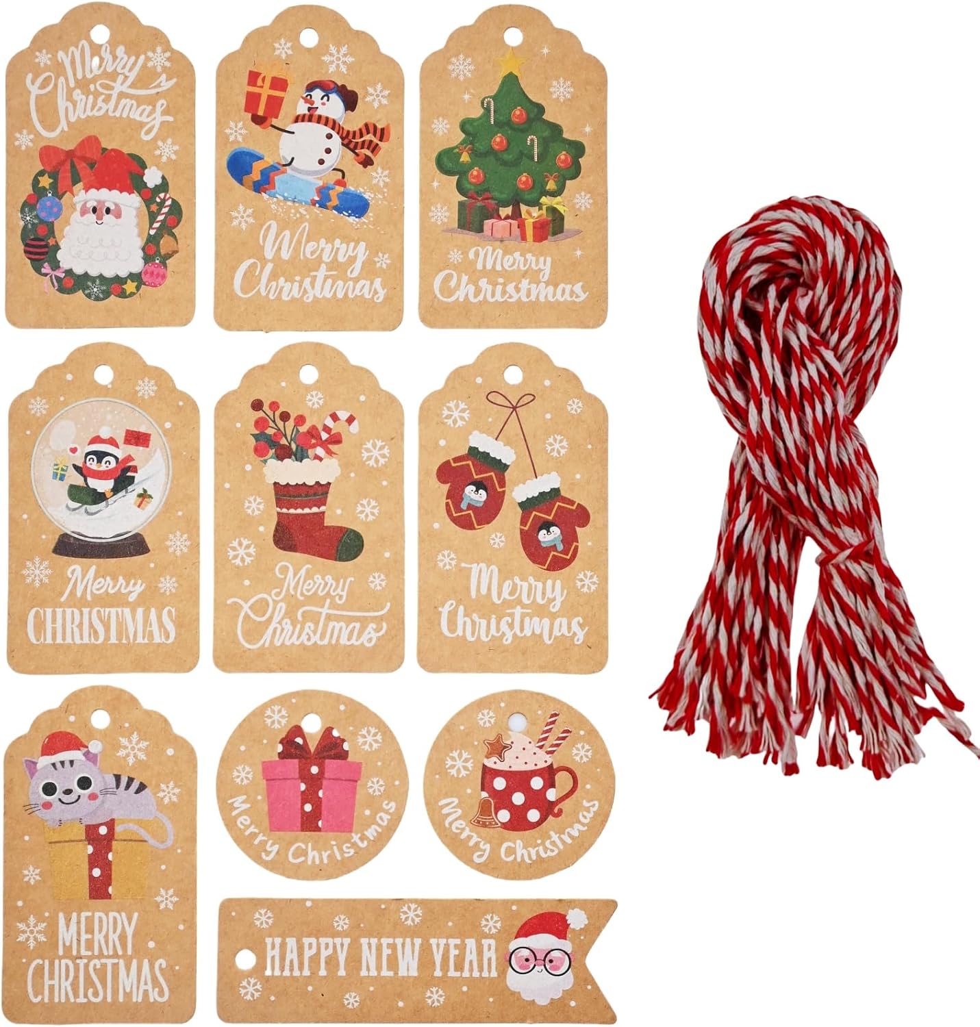 ZHIYE Christmas Tags, 100 Pieces 10 Styles Kraft Paper Tag Hang Labels ...