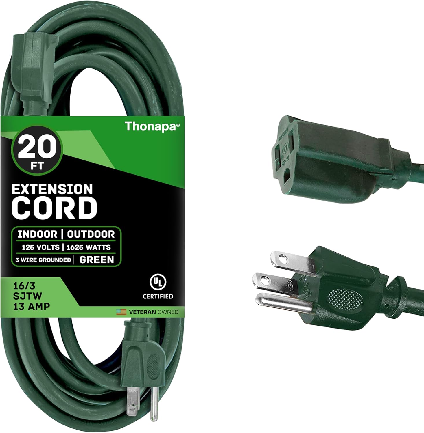 Thonapa 13 Amp Outdoor Extension Cord 20 ft, 16/3 SJTW 20ft Green ...