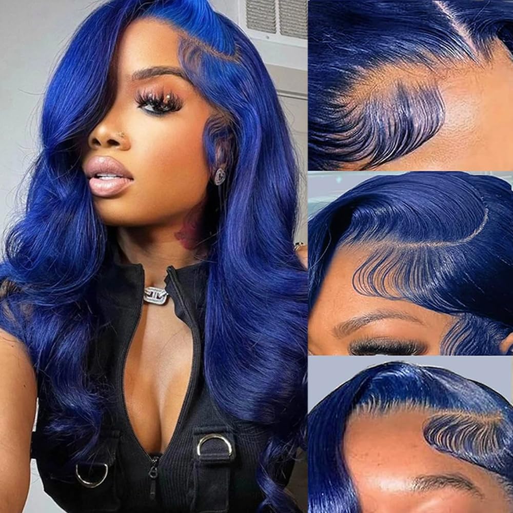 Amazon.com : AMZhair Dark Blue Lace Front Wigs Human Hair Body Wave 20 ...