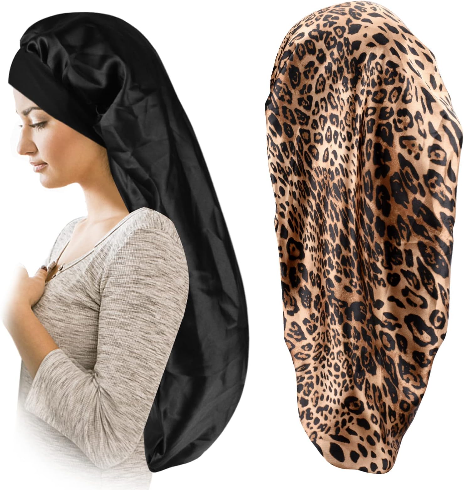 Amazon.com : 2 Pcs Hair Bonnets for Women Satin, Black Leopard Soft ...