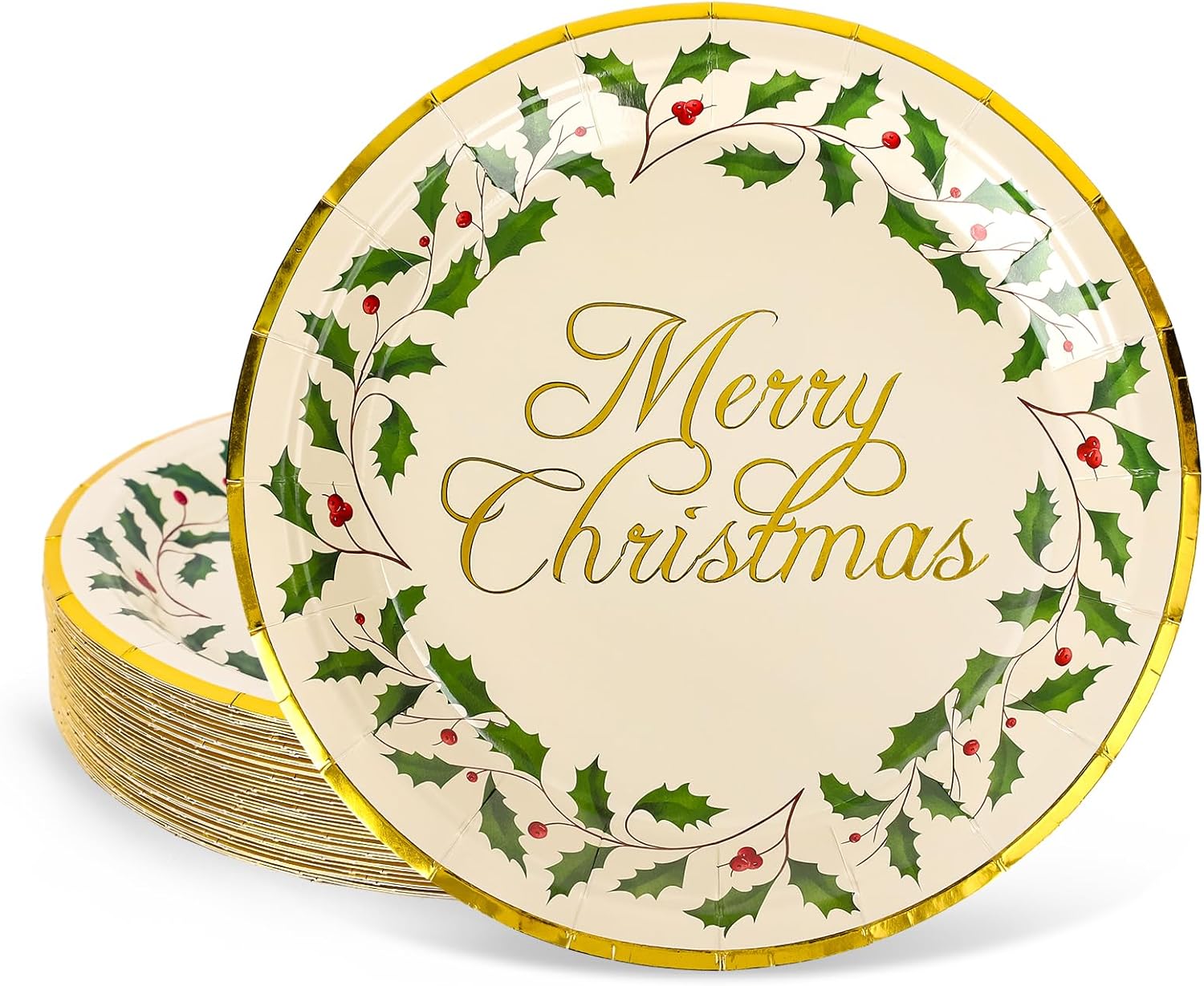 Amazon.com: Whaline 40Pcs Merry Christmas Paper Plates Holly Leaves ...