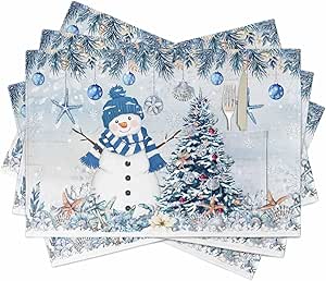 Amazon.com: Blue Christmas Coastal Placemats Set of 4, Snowman Winter ...