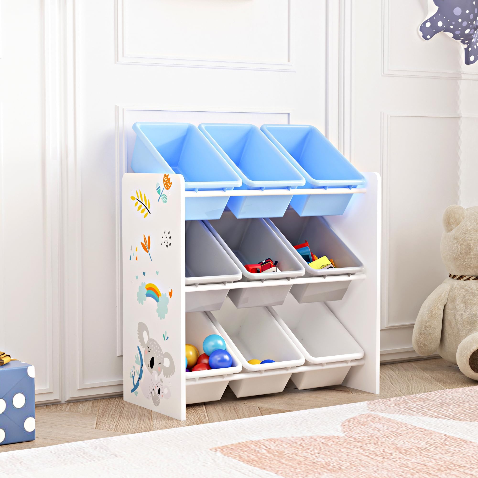Buntes Kinderregal Regal für Kinder, Holz, 9 Ablageflächer, mit Boxen ...