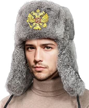 Amazon.com: Rabbit Fur Russian Hat for Men Ushanka Hats Earflap Trapper ...