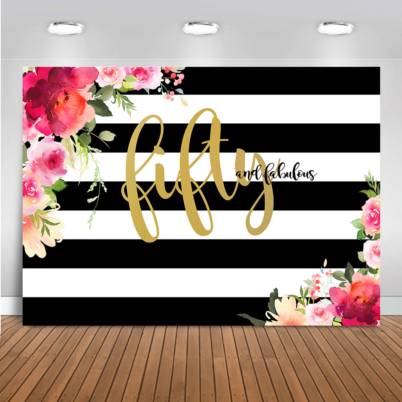 Buy Mehofoto Fifty and Fabulous Backdrop Flower Stripes 50th Birthday ...