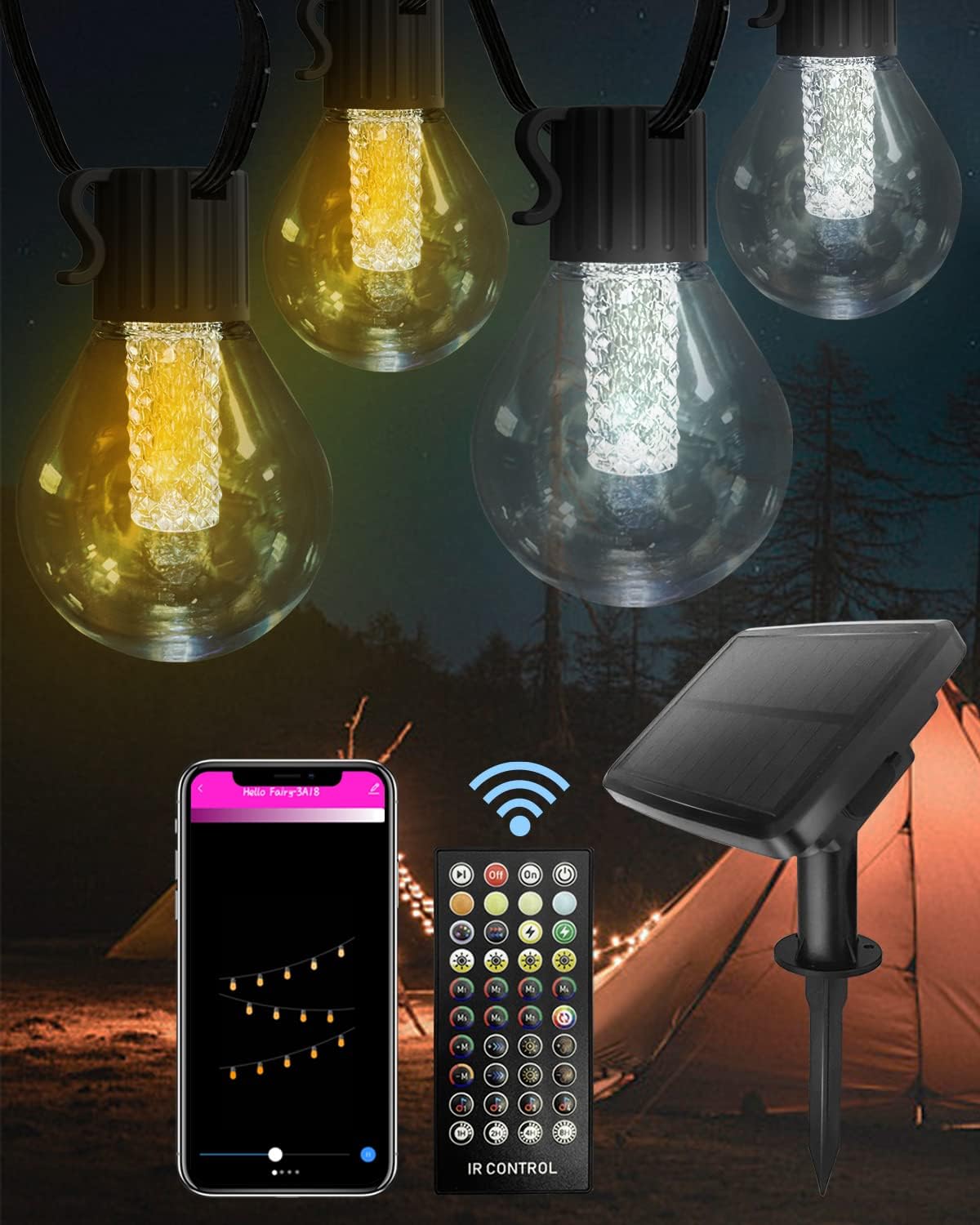Solar Outdoor Lights App Controlled - 55FT(50+5) Warm/Cool White Dimmer ...