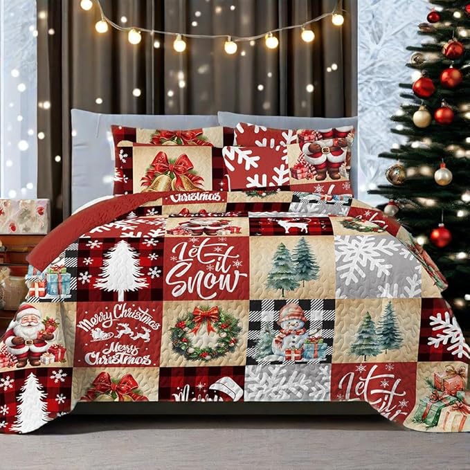 Amazon.com: Merry Christmas Quilt Set Queen Size Snowman Santa Claus ...